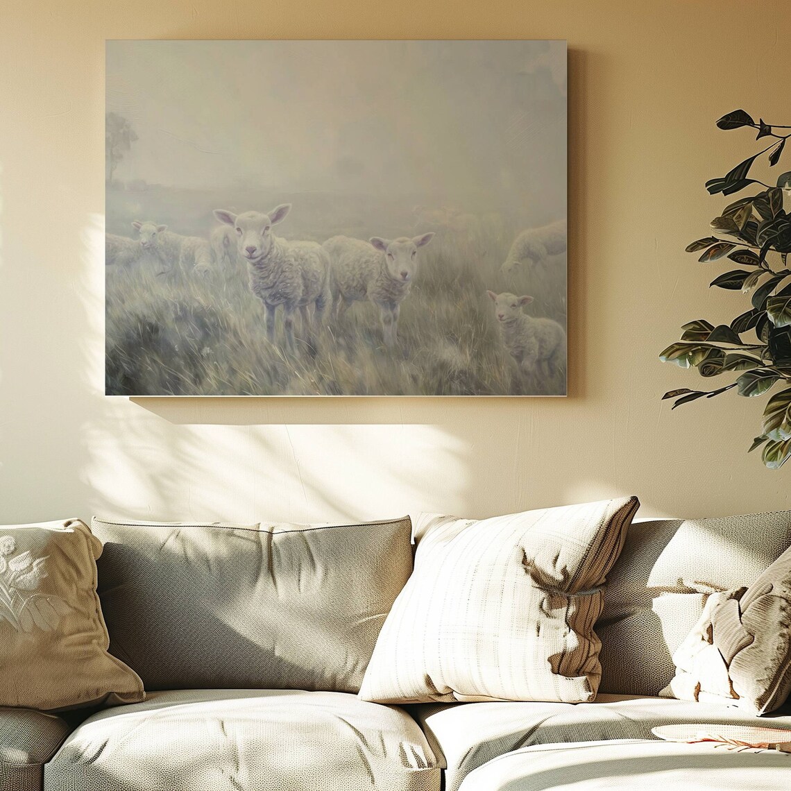 Foggy Countryside Print Rural Sheep Printable Misty Landscape Painting ...