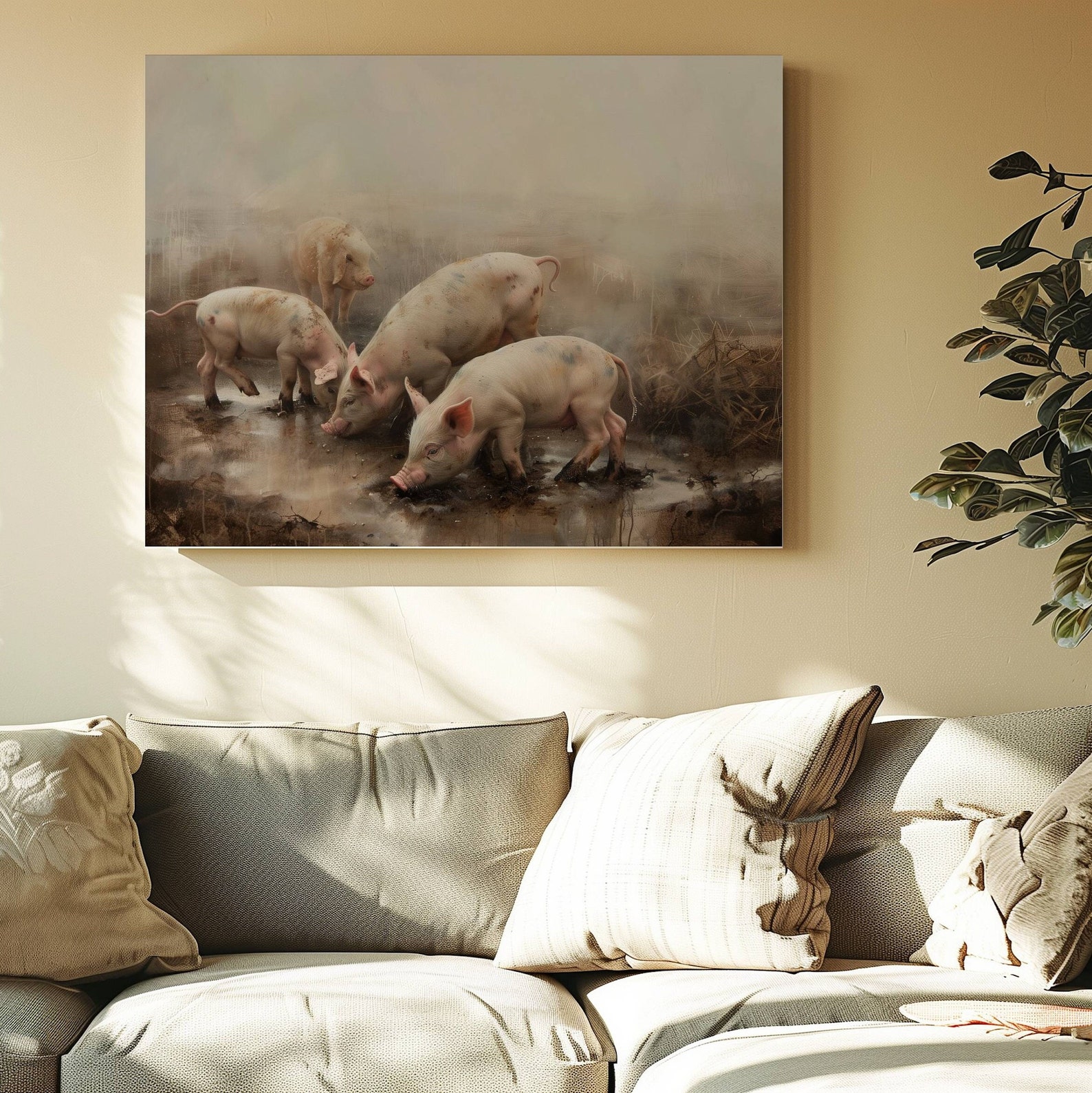 Pig Mud Art White Foggy Painting Brown Farm Printable Pig Whimsical ...