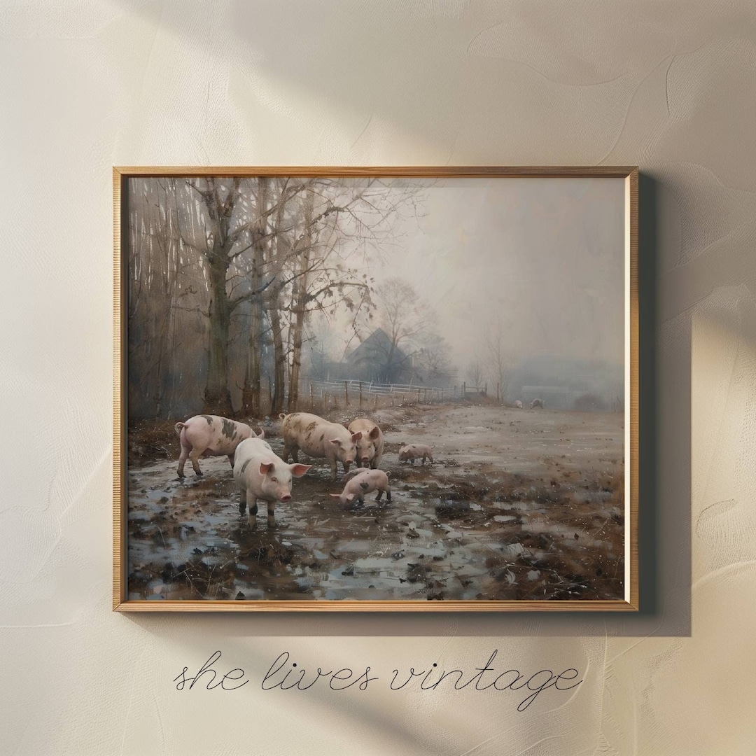 Pig Farm Art Brown Landscape Painting Mud Pigs Artwork Foggy Aesthetic ...