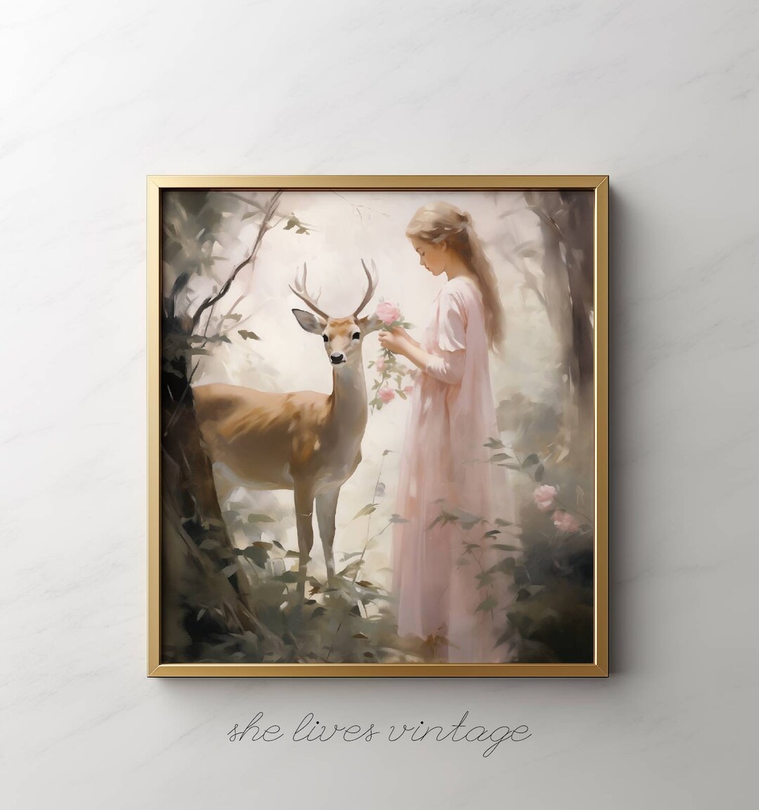 Pink Deer Print Mysterious Forest Deer Oil Painting Forestcore Wall Art ...