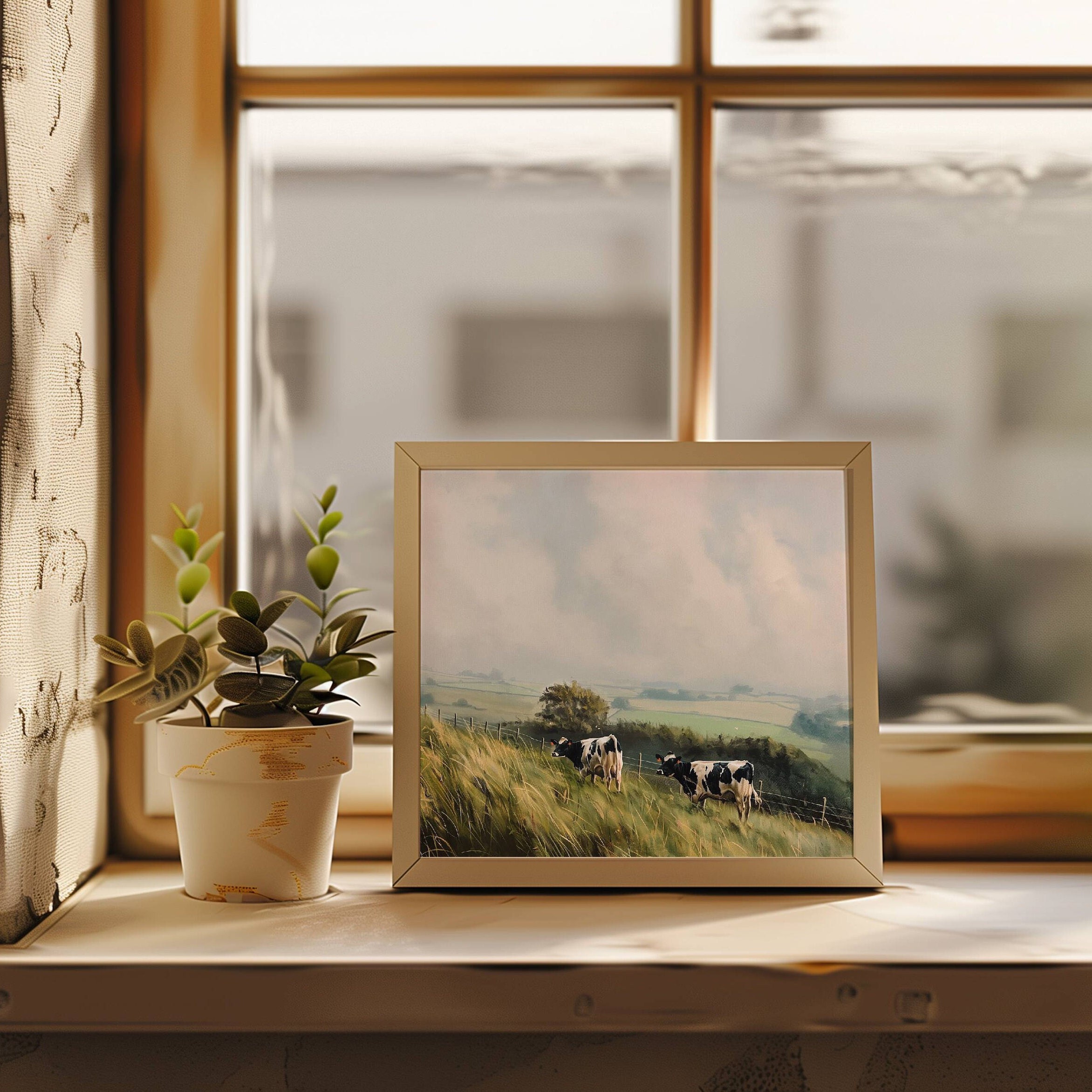 Green Pastures Print Cow Farm Printable Rustic Countryside Painting ...