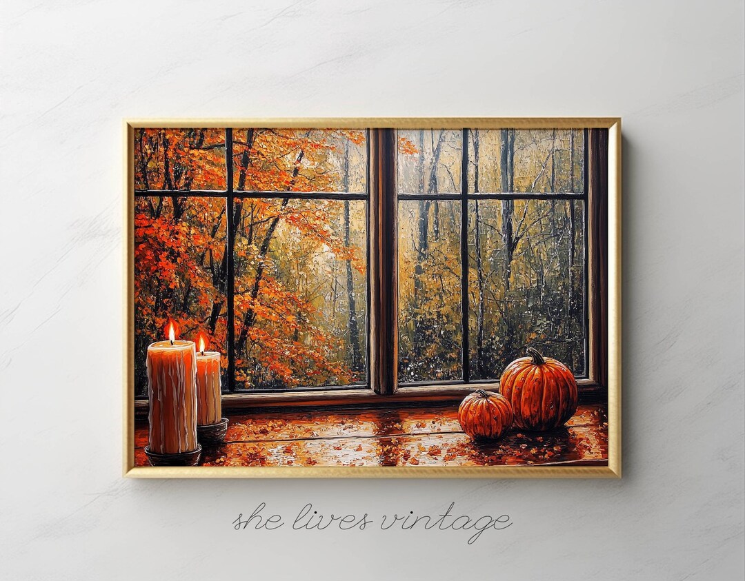 Fall Window Wallart Pumpkin Printable Oil Painting Orange Kitchen ...