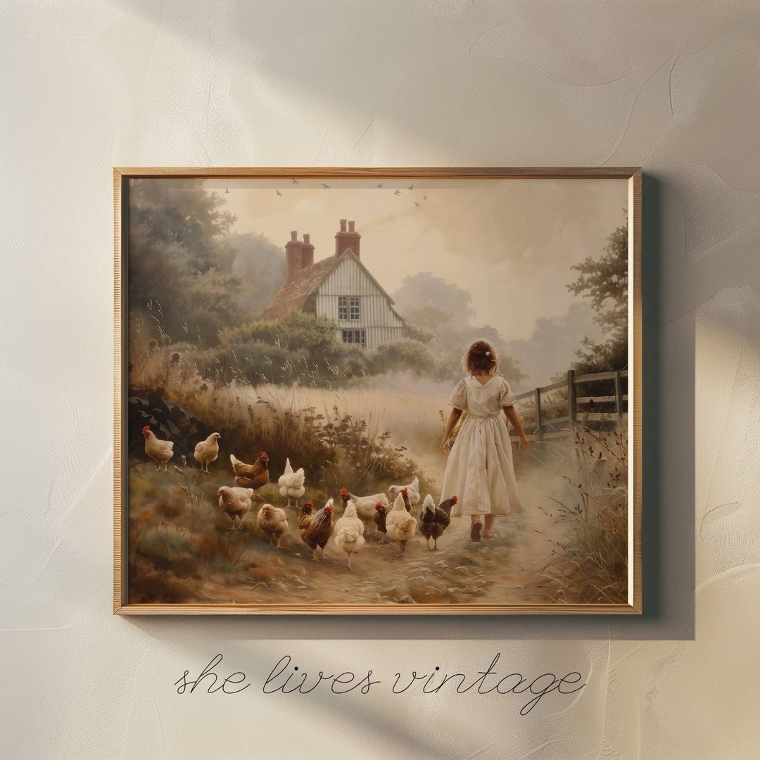 Girl Farmhouse Art Chicken Farm Painting Brown Chickens Printable ...