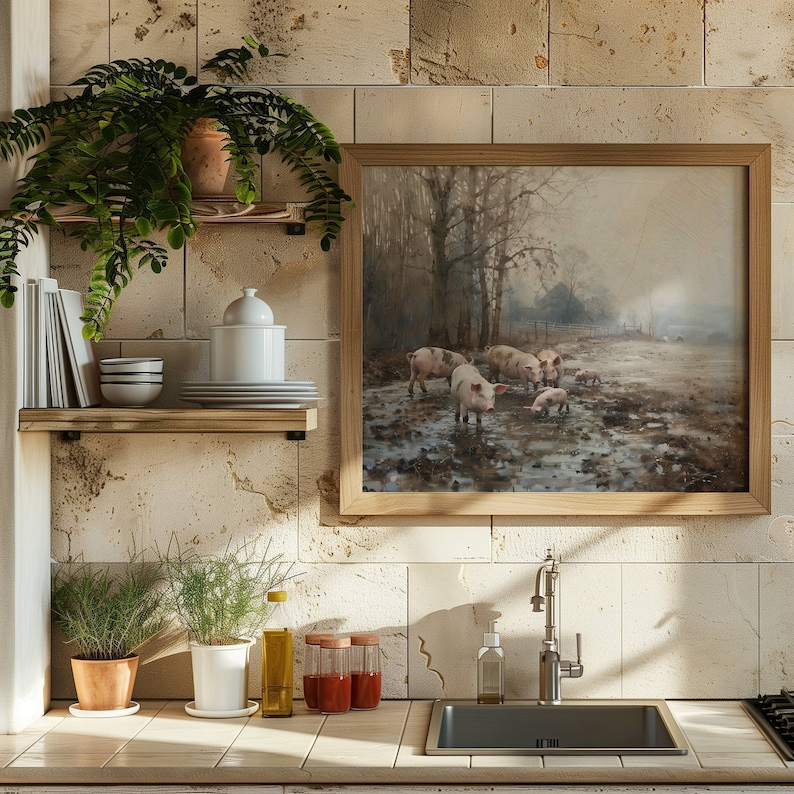 Pig Farm Art Brown Landscape Painting Mud Pigs Artwork Foggy Aesthetic ...