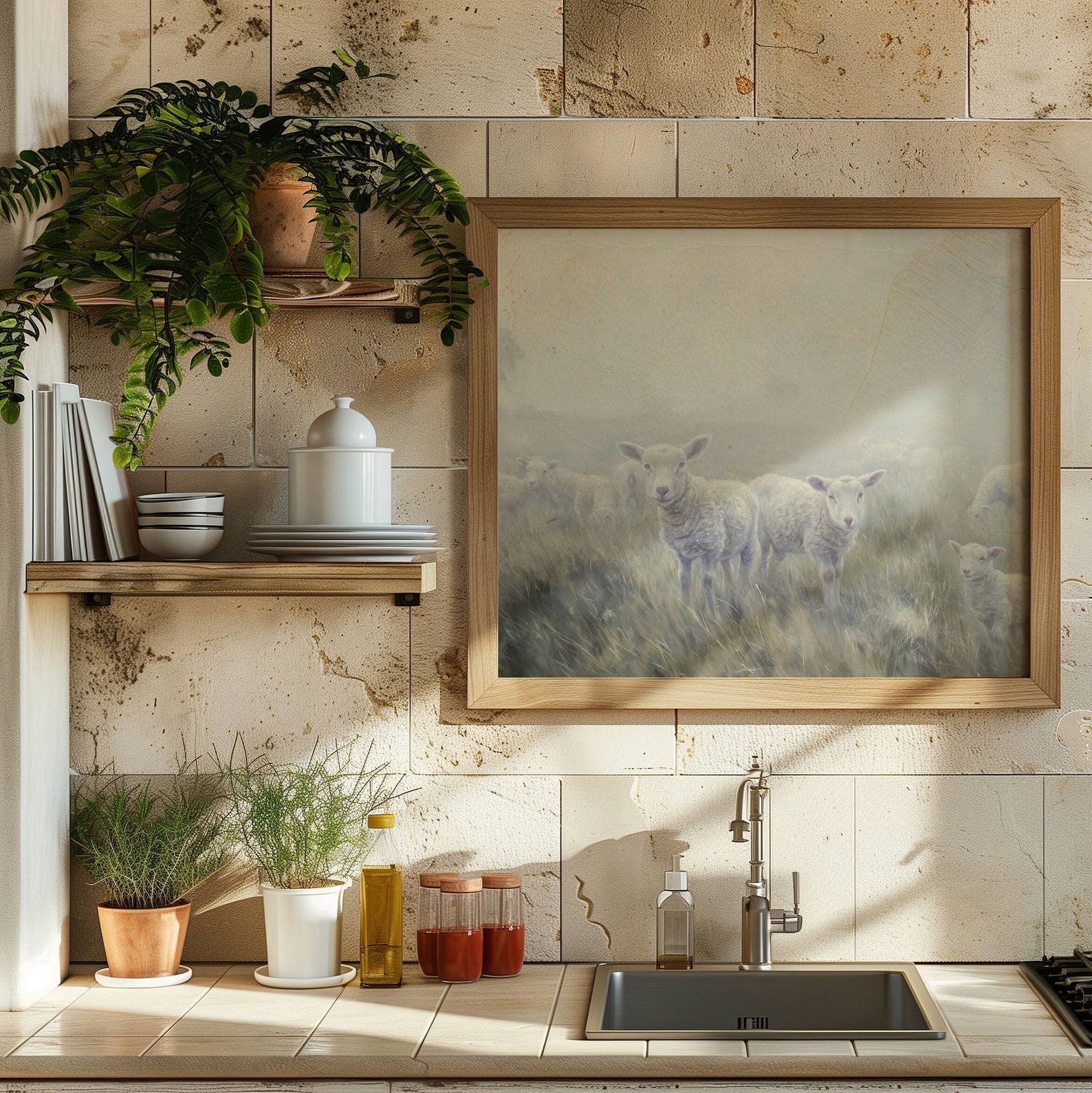 Foggy Countryside Print Rural Sheep Printable Misty Landscape Painting ...