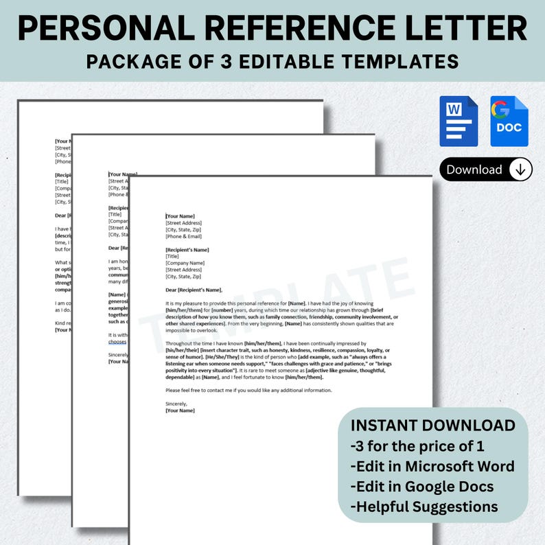 Personal Reference Letter Template 3 Pack, Letter of Recommendation ...