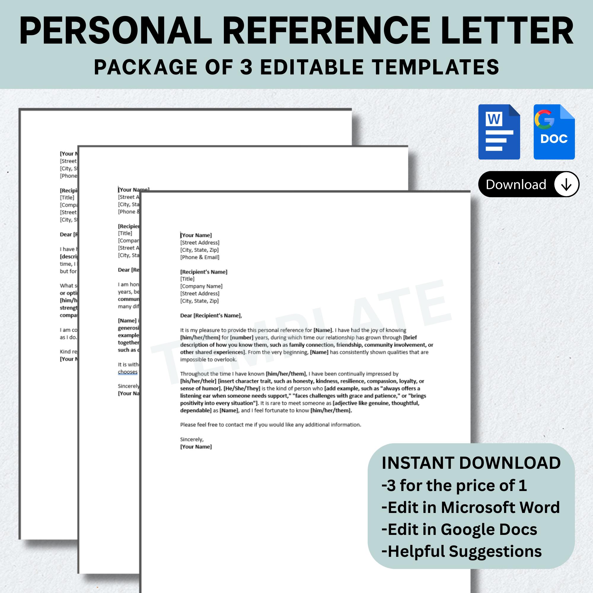 Personal Reference Letter Template 3 Pack, Letter of Recommendation ...