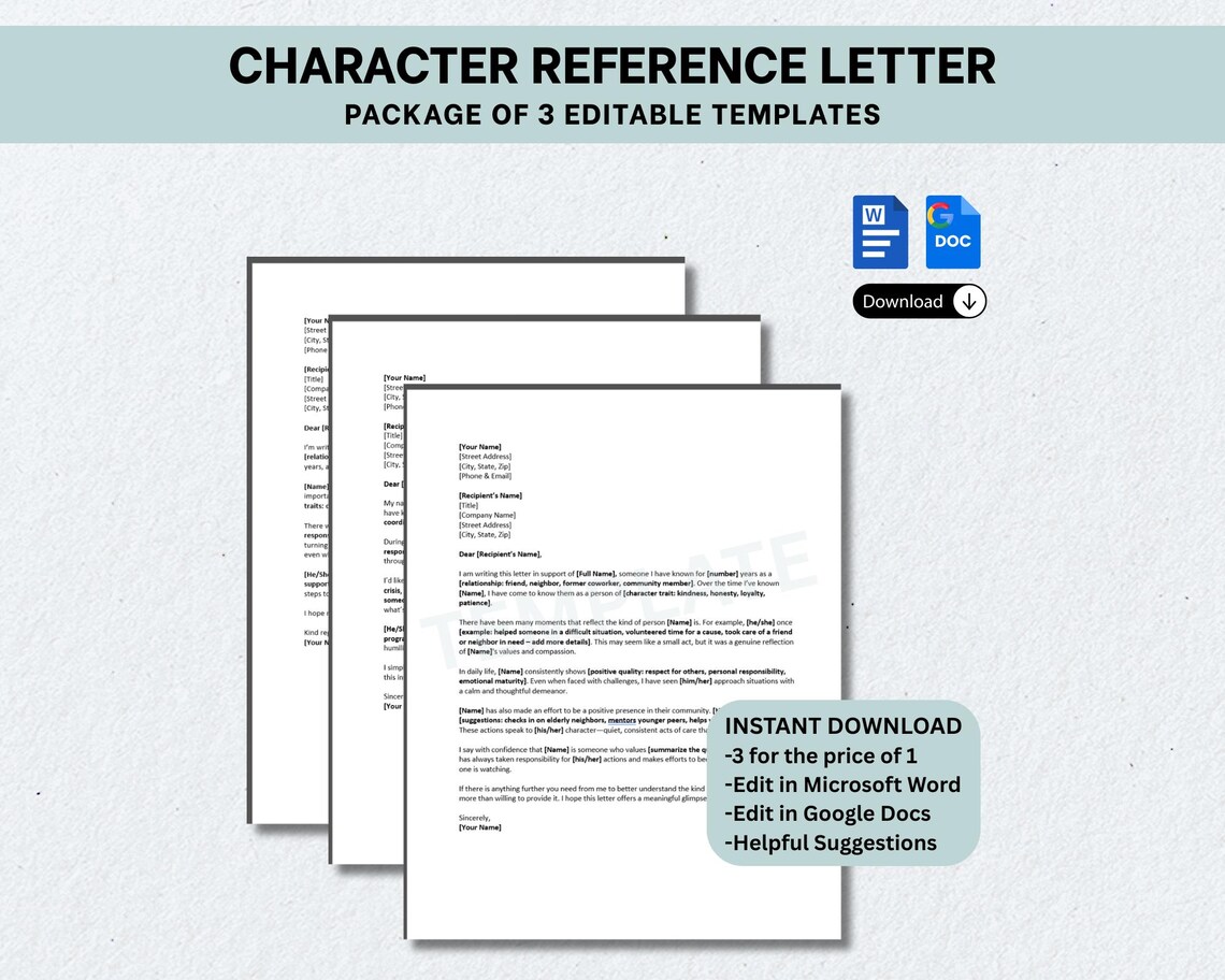 Character Reference Letter Template 3 Pack, Letter of Recommendation ...