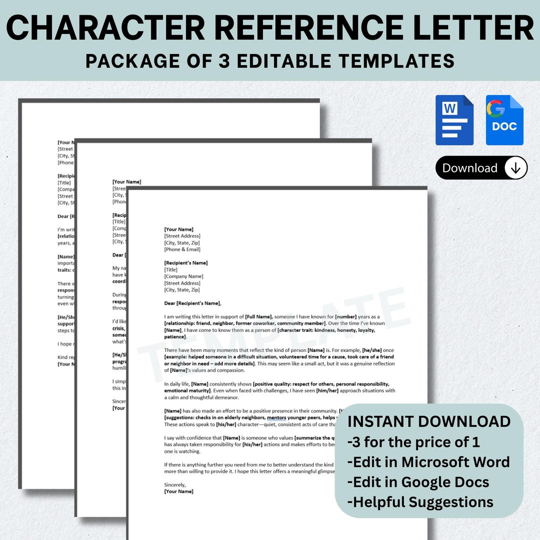 Character Reference Letter Template 3 Pack, Letter of Recommendation ...