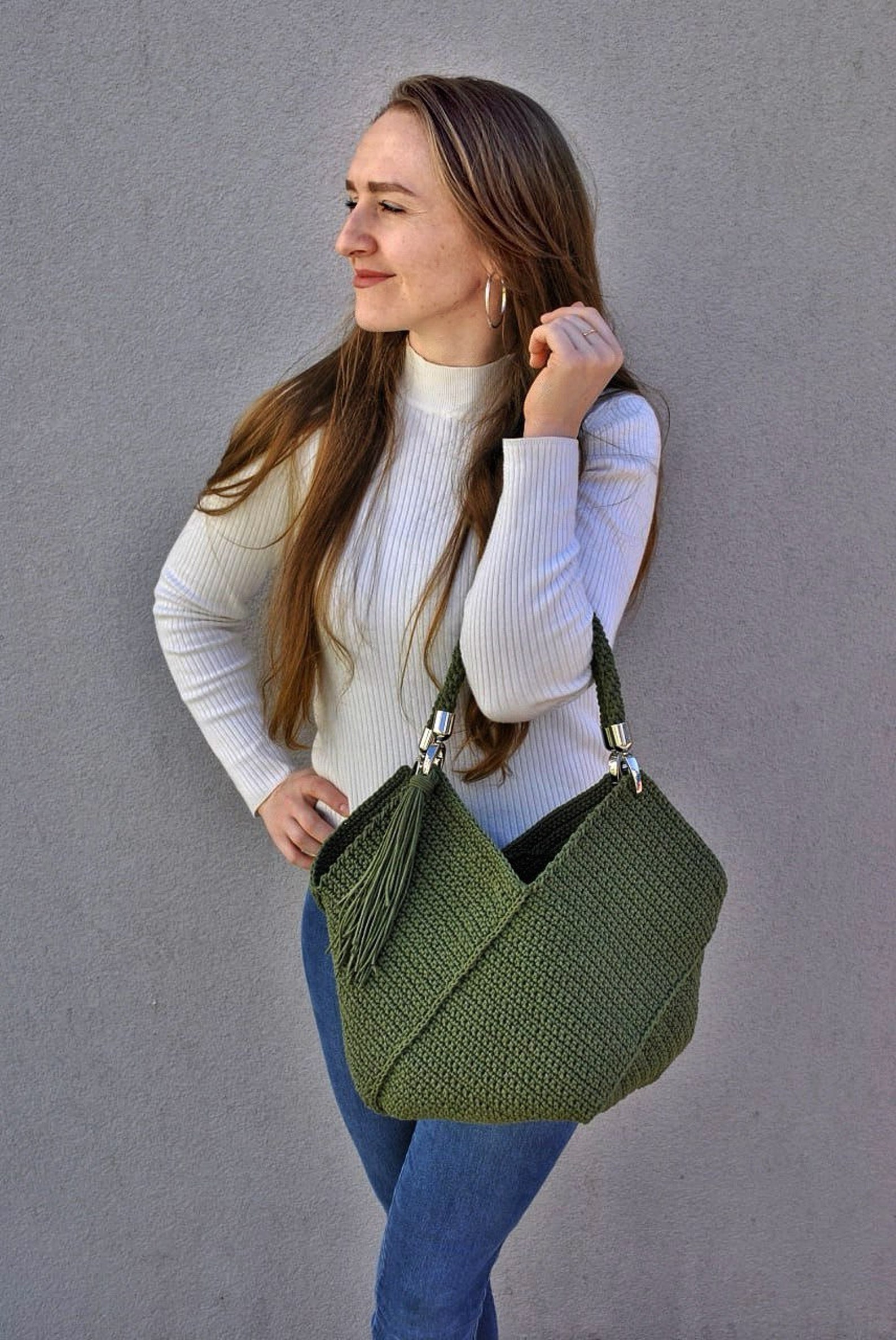 Olive Eco Crochet Shopper Bag Handmade Eco Shopper Crochet Sholder Bag ...