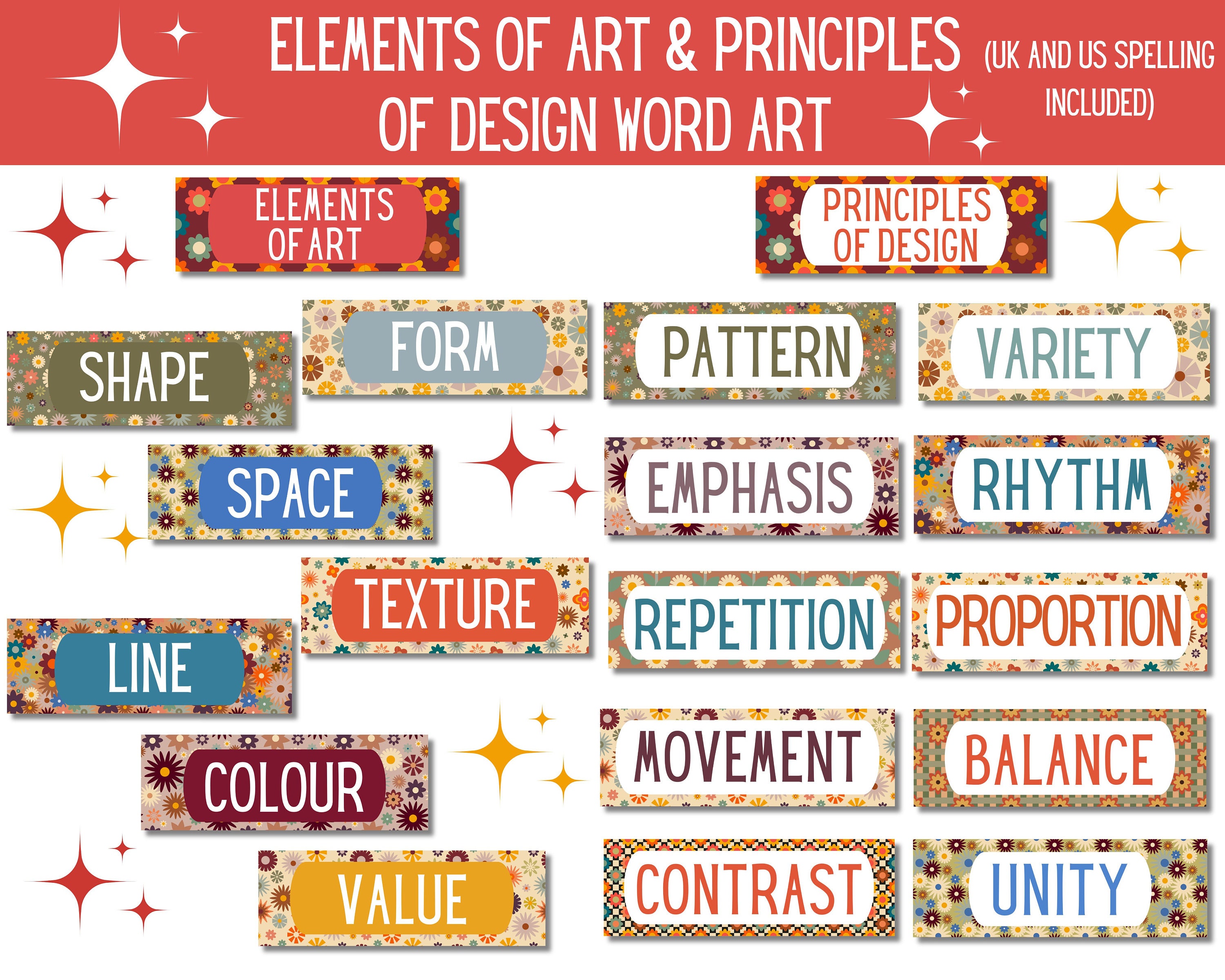 Wall Word Art, Set of Principles of Design and Elements of Art in Retro ...