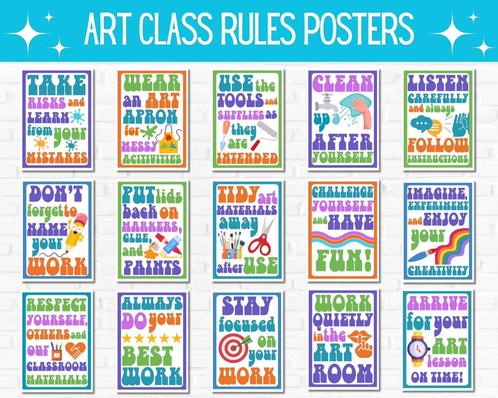 Art Classroom Rules Posters, Primary, Elementary and Middle School Art ...