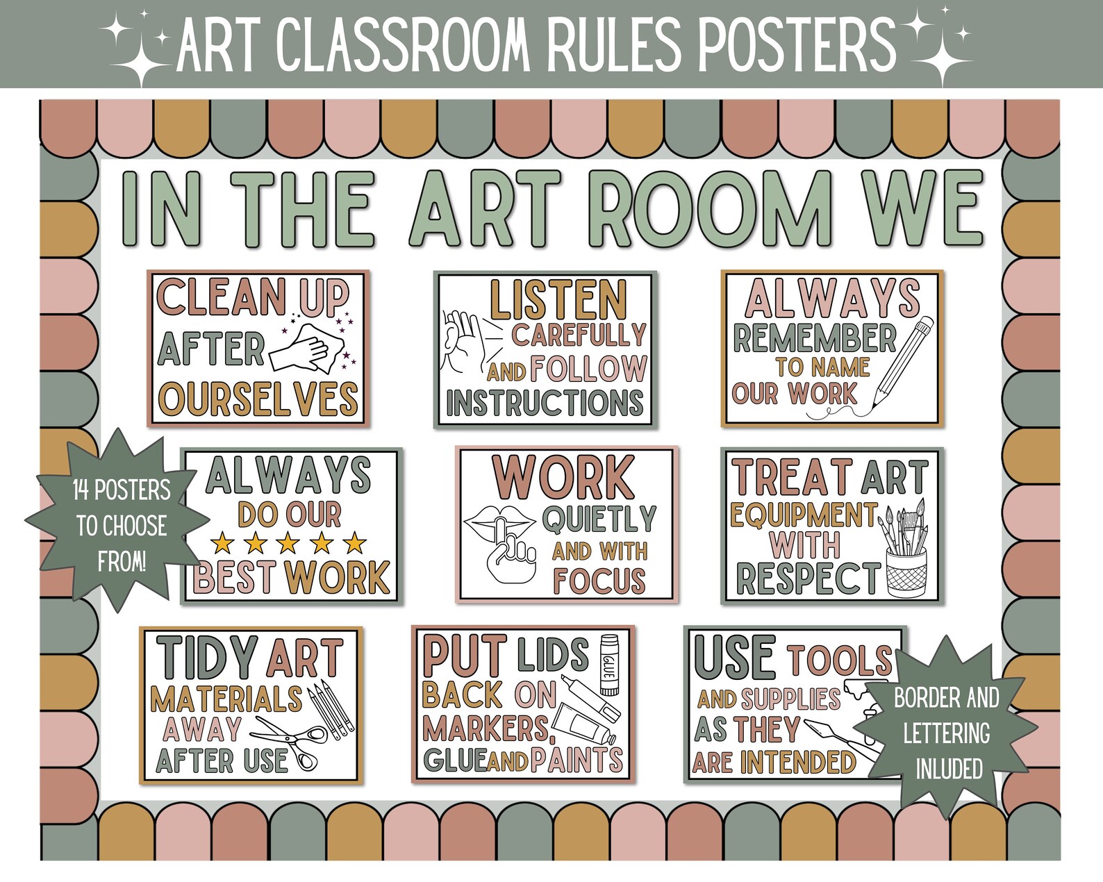 Classroom Rules Display Bundle, Art Classroom Room Rules, Boho Art Room ...