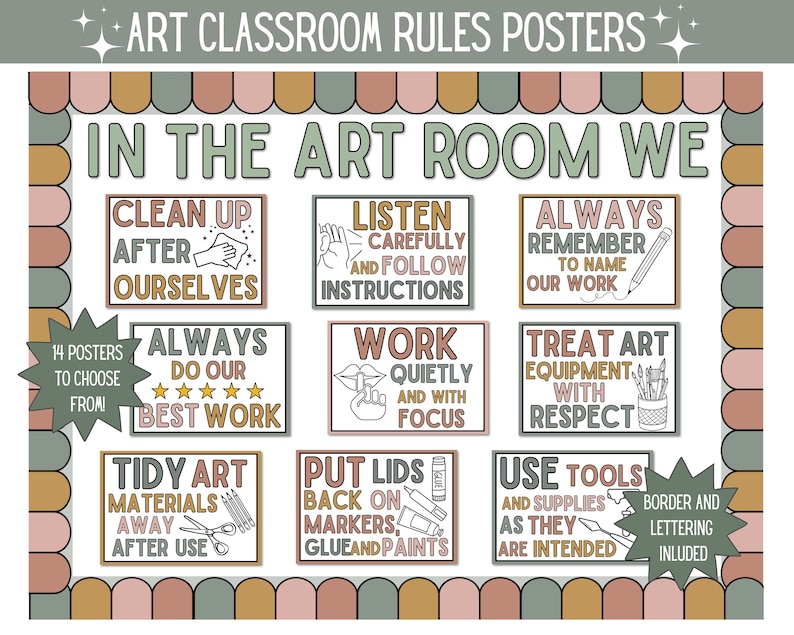 Classroom Rules Display Bundle, Art Classroom Room Rules, Boho Art Room ...