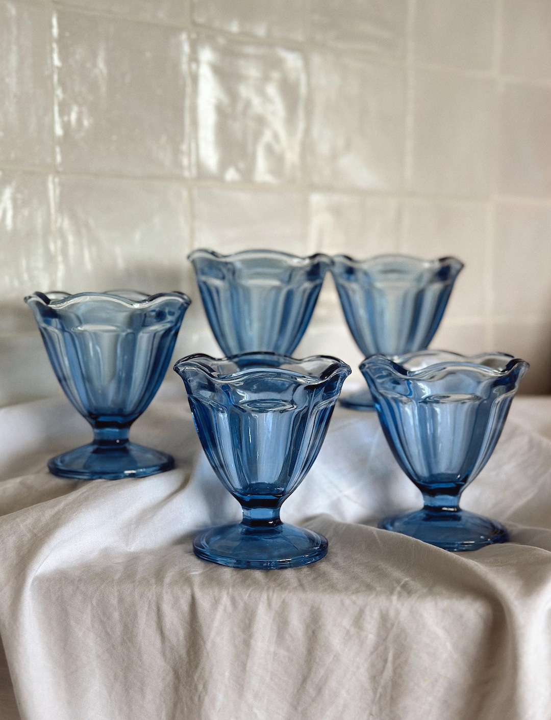 Vintage Set of 5 Anchor Hocking Blue Glass Sundae Bowls 1960s Cup MCM ...