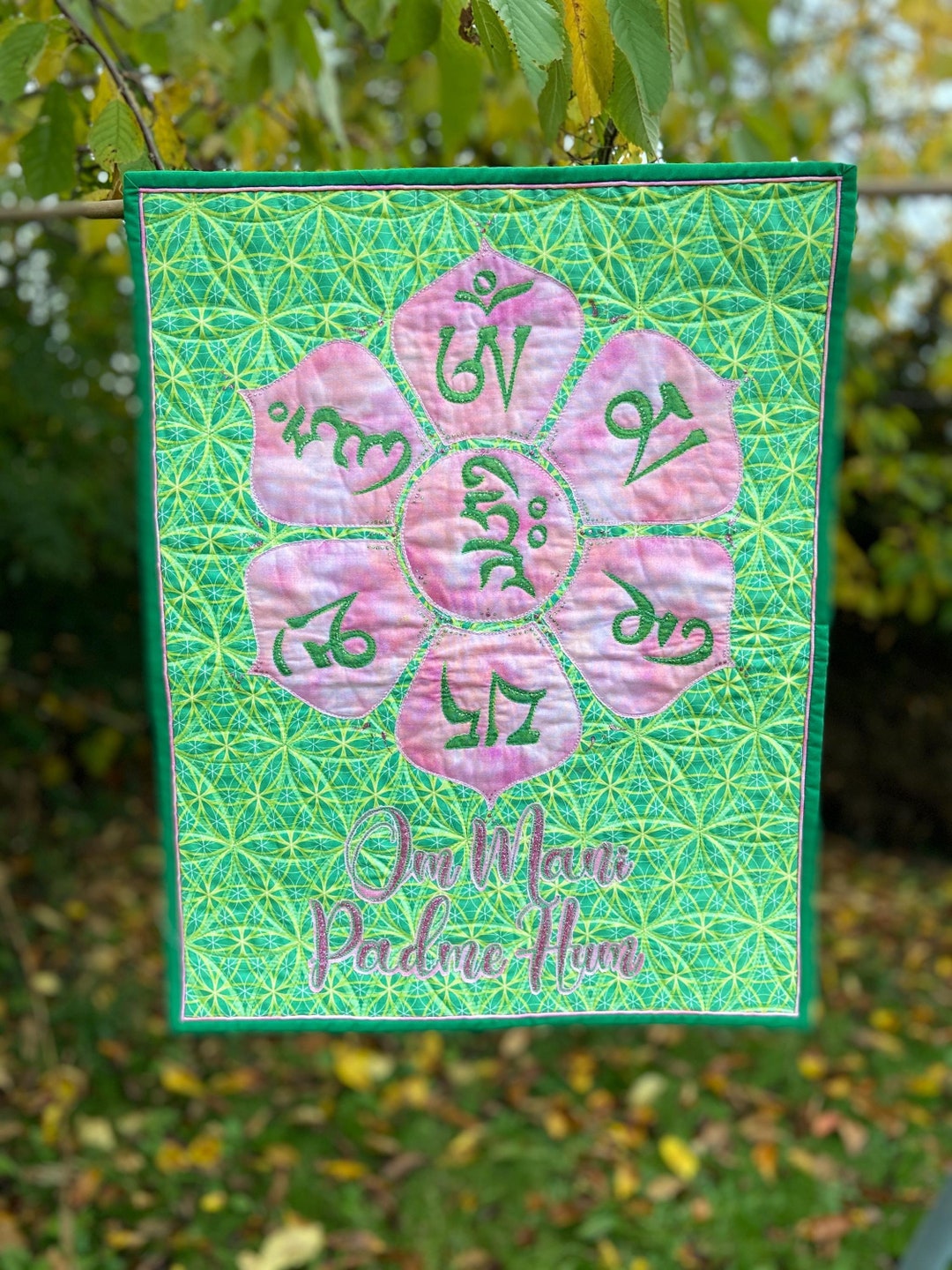 Om Mani Padme Hum - Textile Art / Wall Hanging - Mantra, Symbols ...