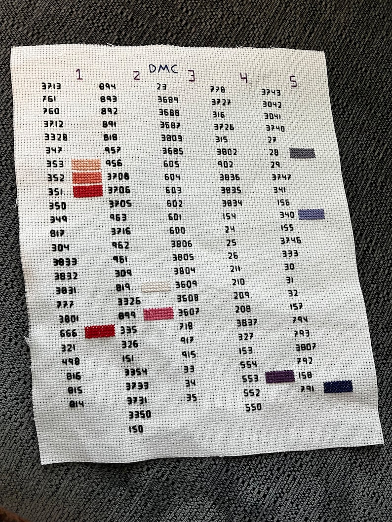 DMC Floss Color Chart Cross Stitch Pattern reds & Purples - Etsy
