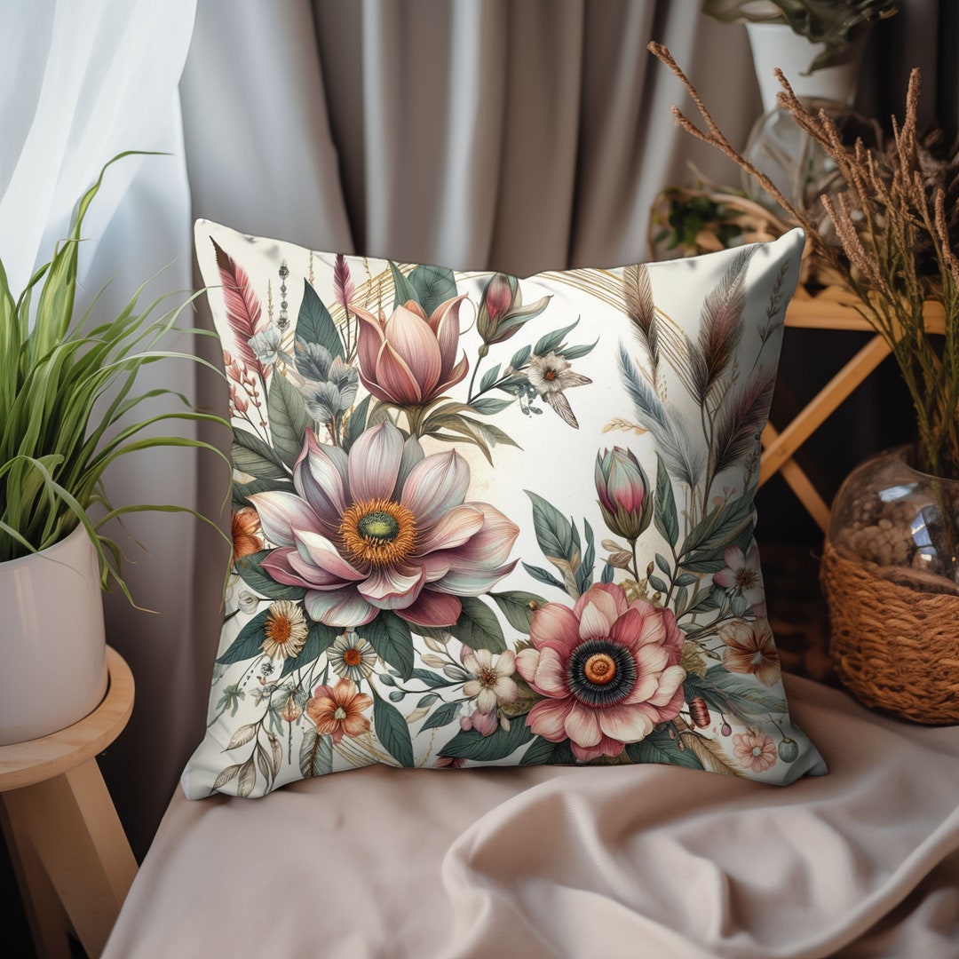 Vintage Magnolia Flower, Boho Couch Pillows, Pillow Cover W/ Insert ...