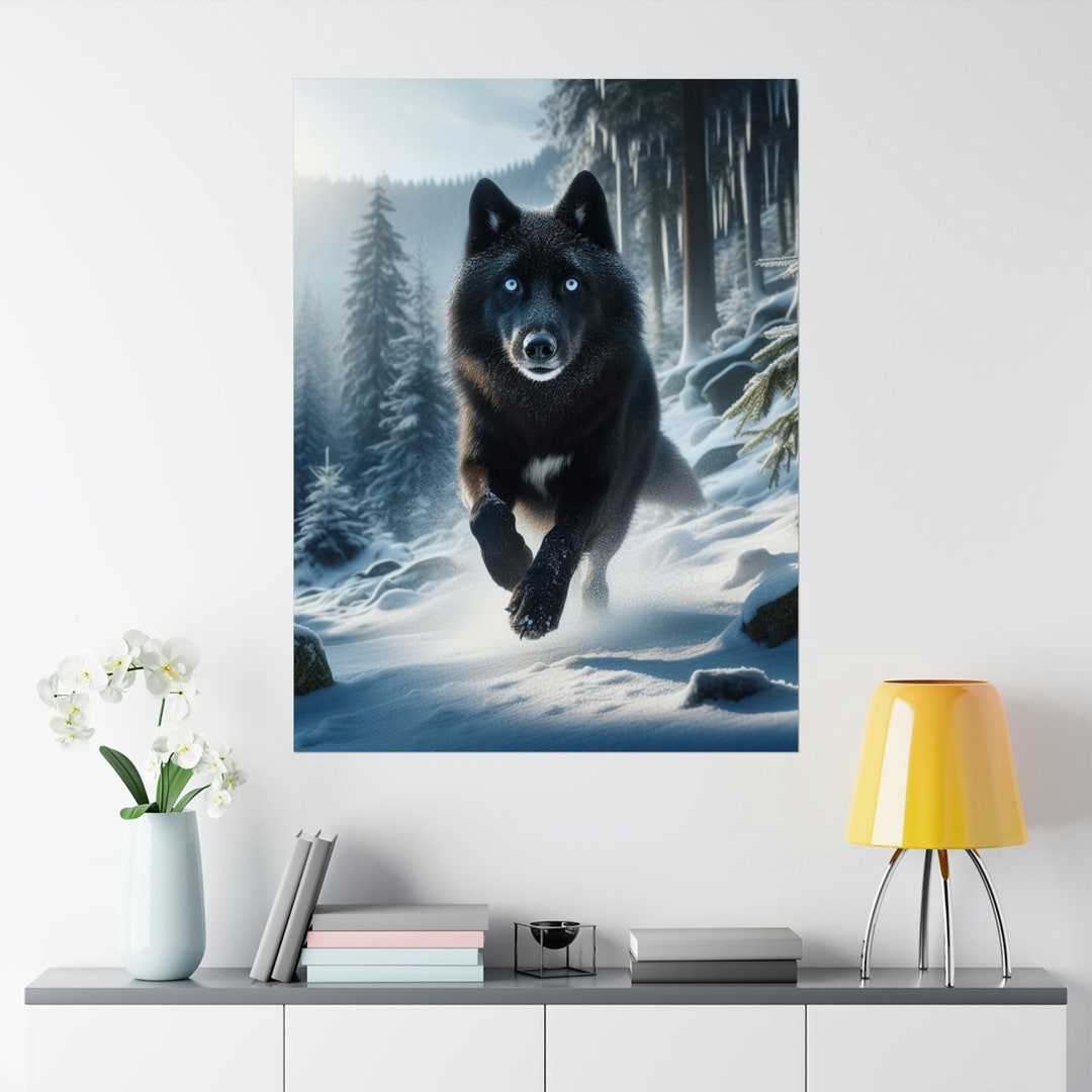Black Wolf in Snow Vertical Poster, Nature Lover Gifts, Forest Animals ...