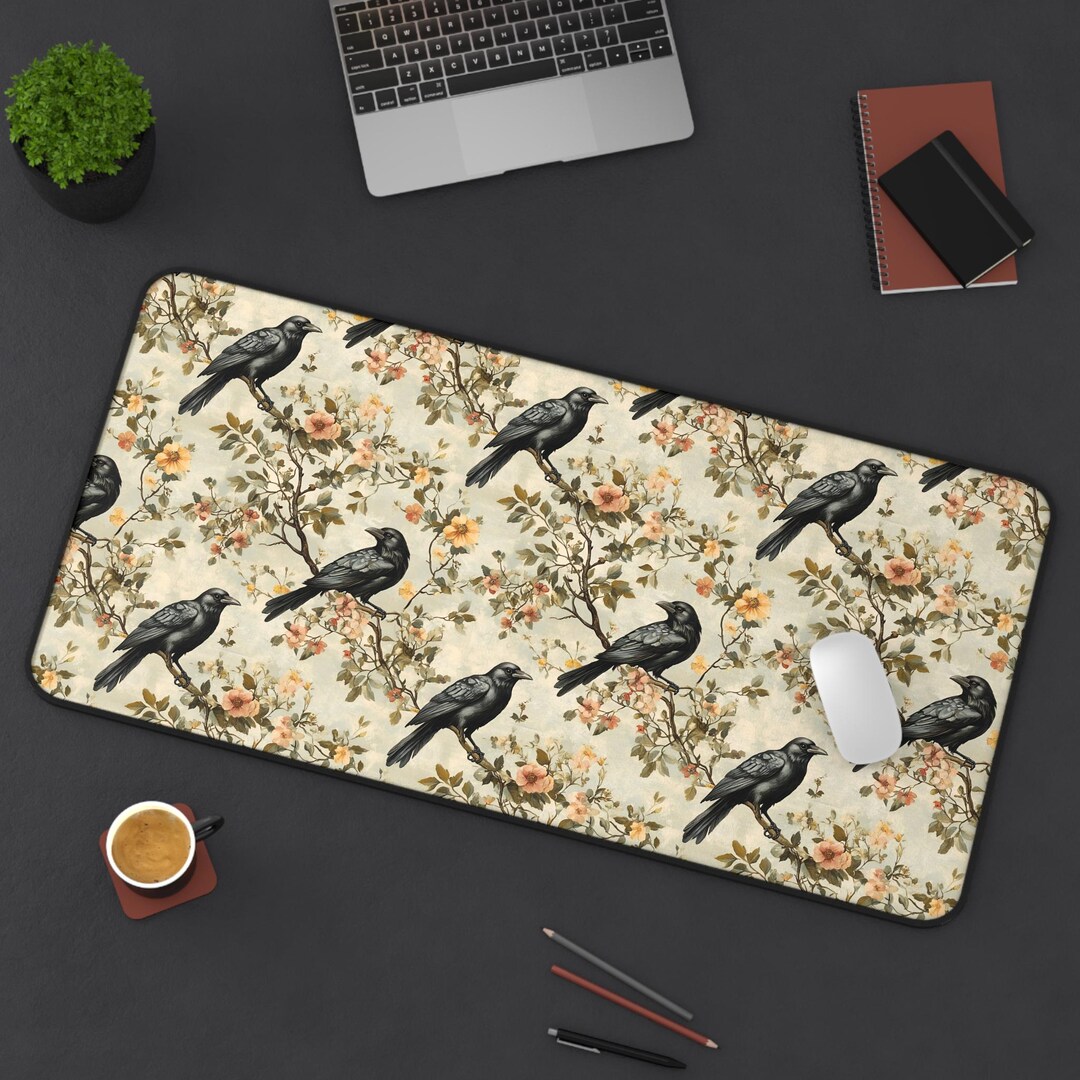 Floral Crows Desk Mat, Dark Raven Academia Mouse Pad, Gothic Office ...