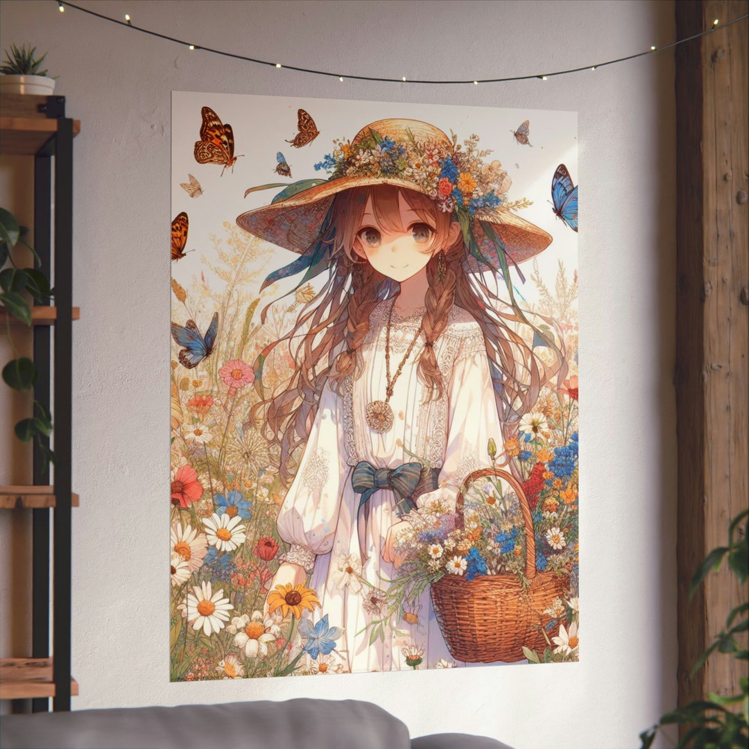 Boho Farm Anime Girl Large Poster, Nature Gifts, Moon Lover, Colorful ...
