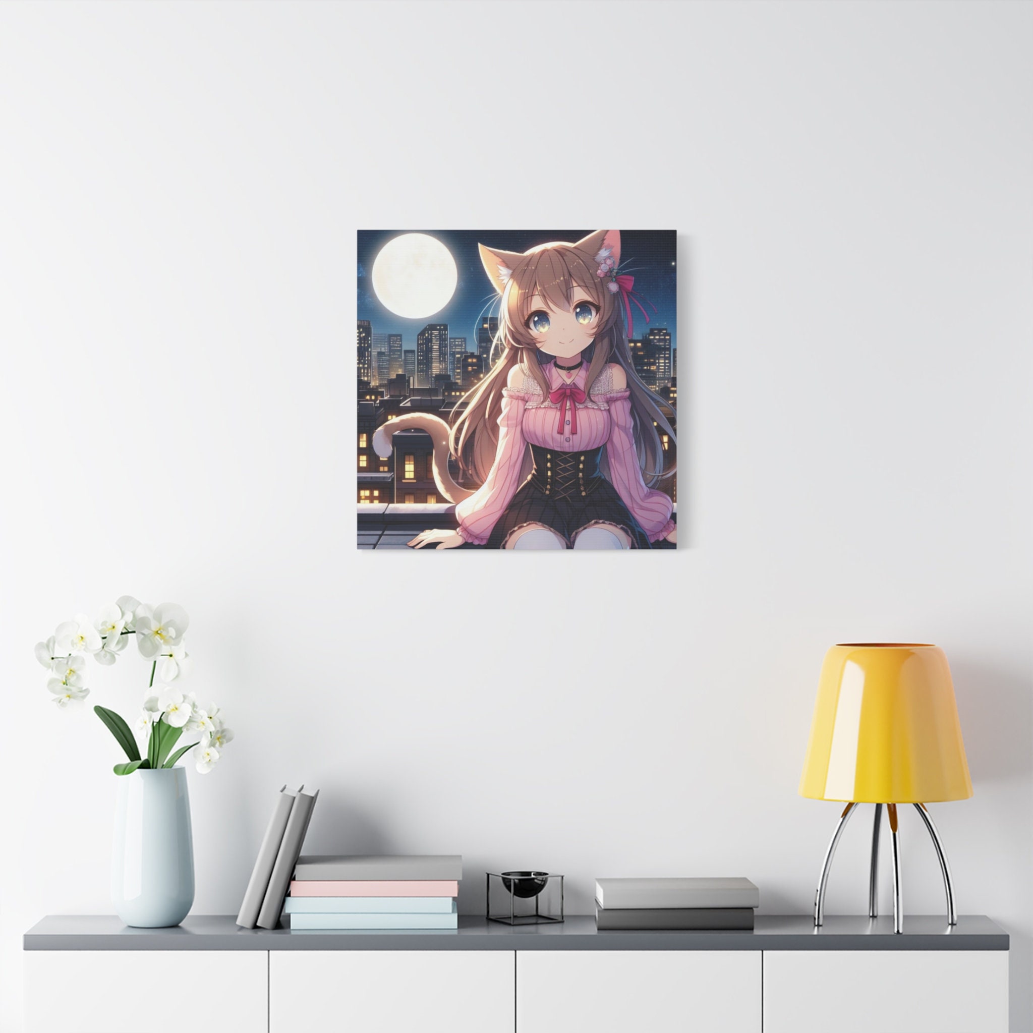 Anime Girl Canvas, Anime Cat Wall Decor, Anime Style Home Decor, Game ...