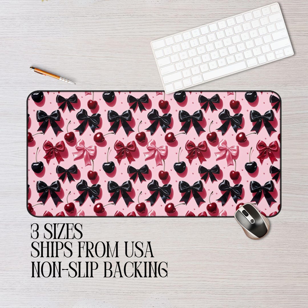 Desk Mat, Black Bows and Cherries, Gothic Office Decor, Coquette Bows ...