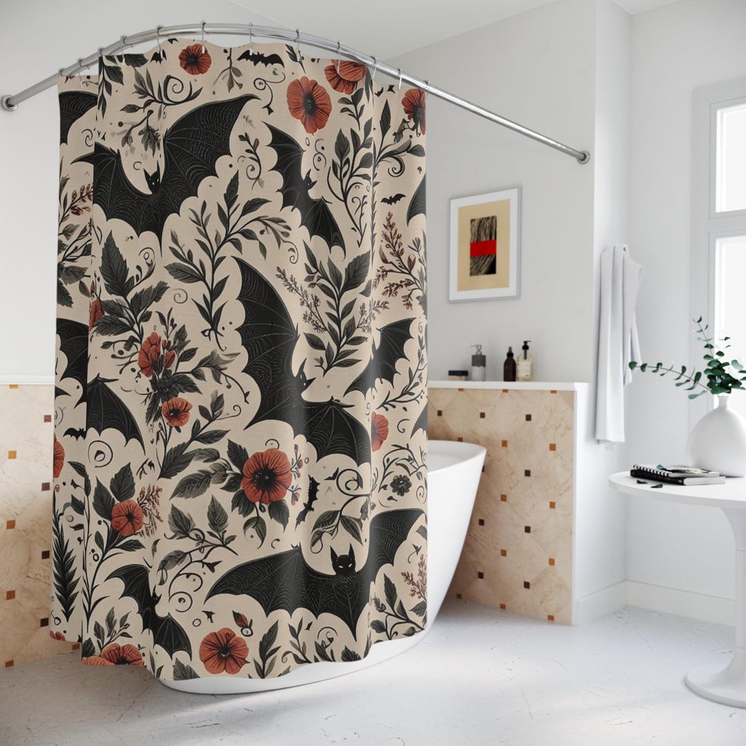 Bat Print Shower Curtains, Dark Academia Bathroom Decor, Witchy Gothic ...