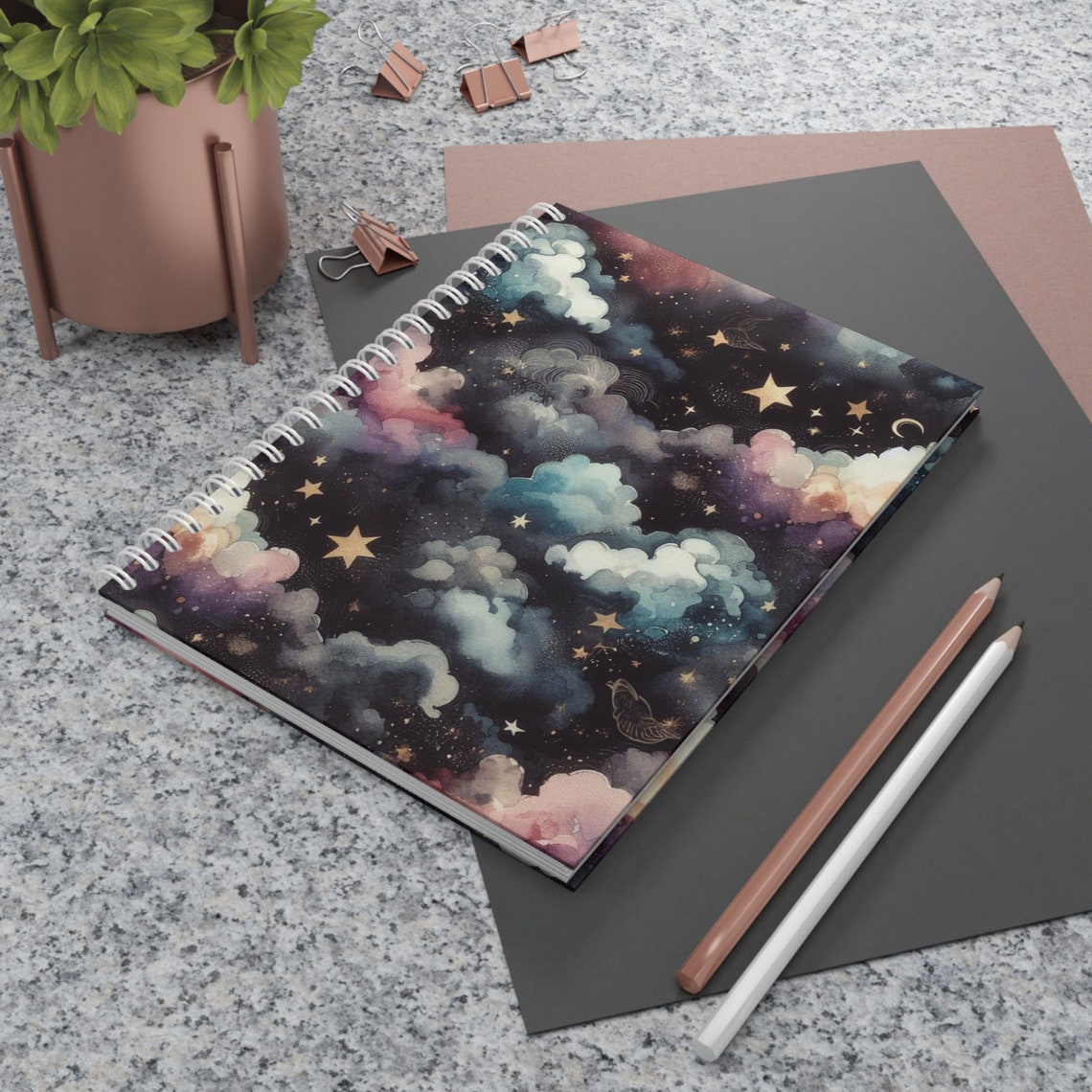 Celestial Pastel Starry Night Spiral Notebook, Cosmic School Supplies ...