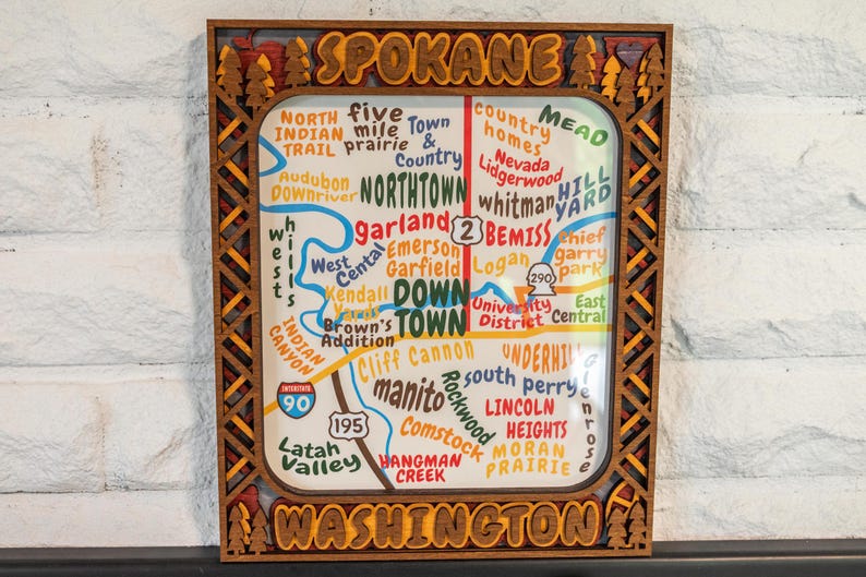 Spokane Neighborhoods City Map Print in Custom Layered Wood Art Frame ...