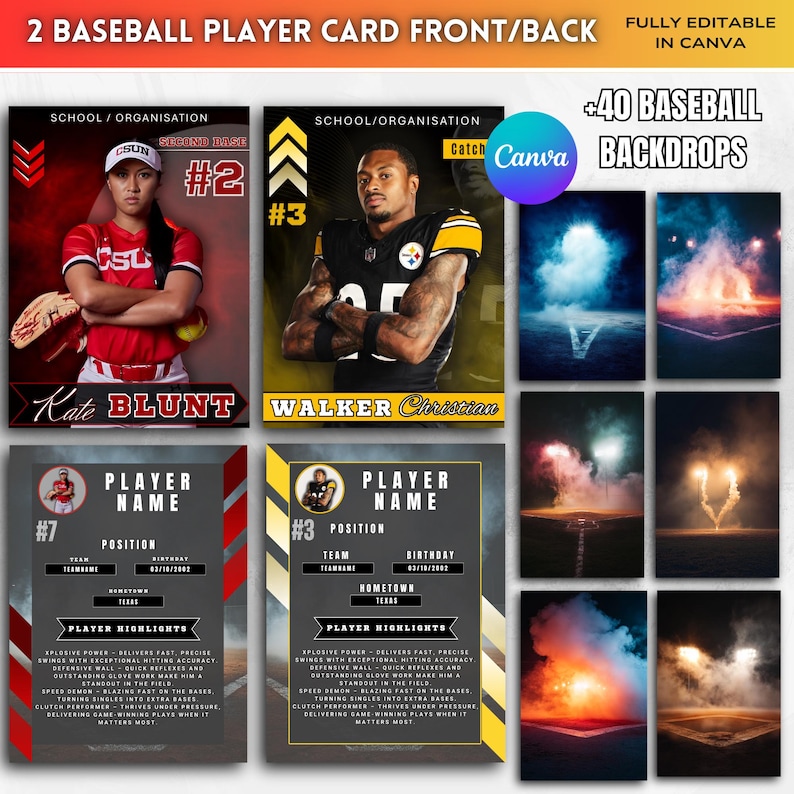 Baseball Card Template Front and Back Editable Canva | Baseball Trading ...
