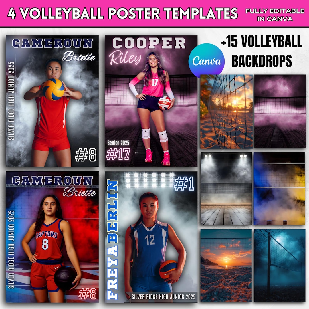 Customizable Volleyball Poster Template: Canva Design, Backdrops Bundle ...