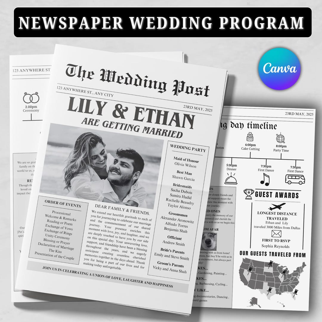Wedding Program Newspaper Template Canva | Custom Newspaper Wedding ...