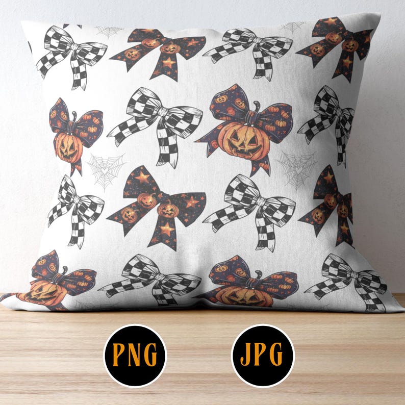 Halloween Checkered Bow Pattern Seamless Repeat, Pumpkin Coquette ...