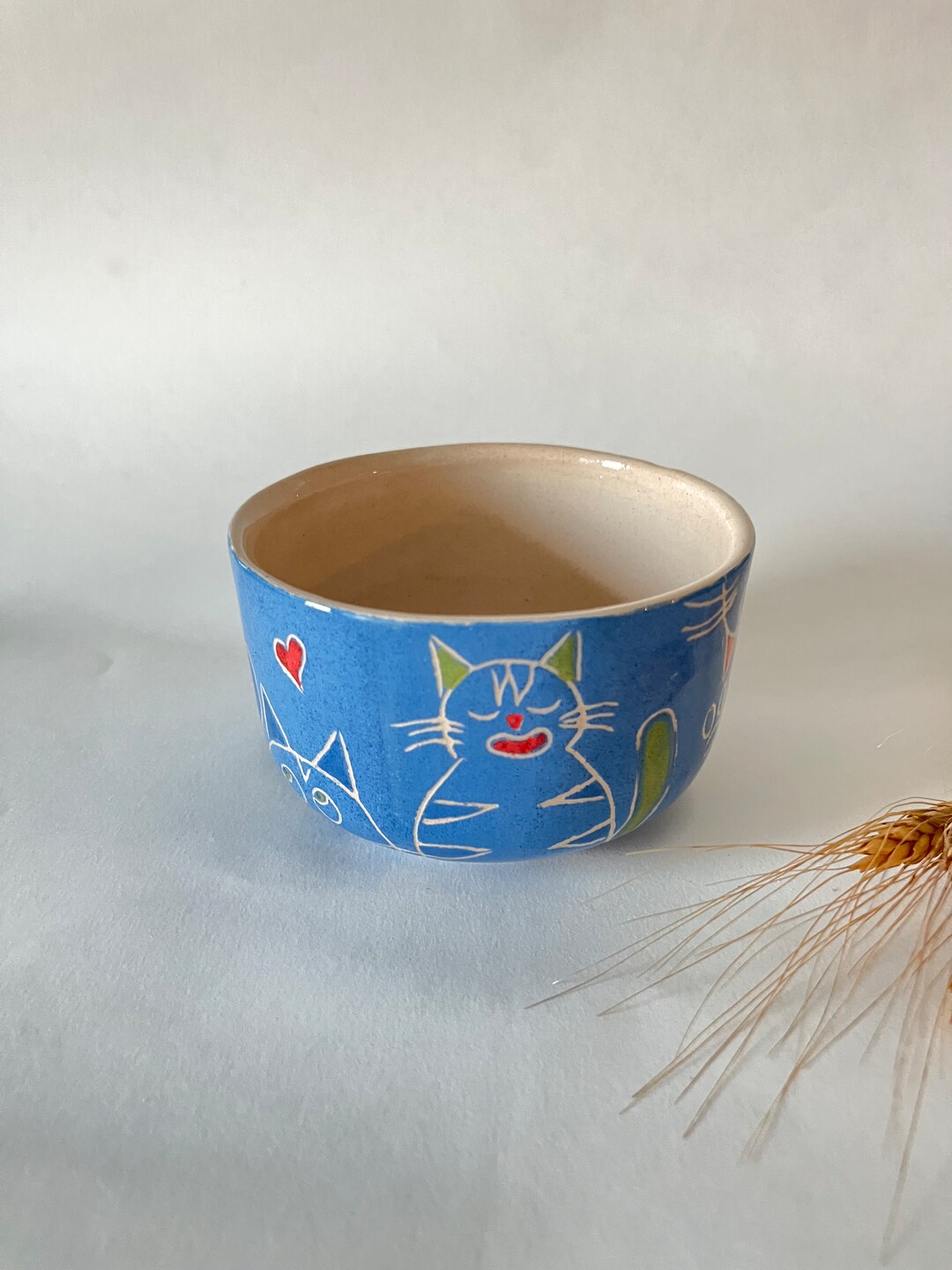 Handmade Hand-drawn Ceramic Cat Feeding Bowl With Cat Design - Etsy