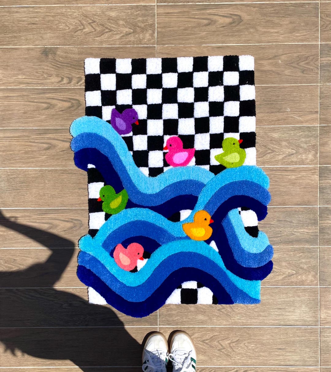 Handmade Colorful Duck Tufted Rug | Unique Checkered & Waves Design ...