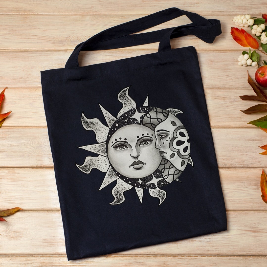 Boho Sun and Moon Cotton Tote Bag Hand-drawn Celestial Design Tote ...