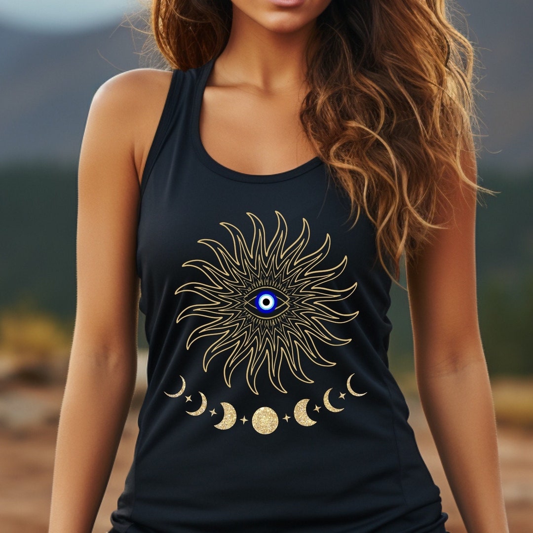 Golden Sun and All-seeing Eye Tank Top Moon Phases Graphic Top ...