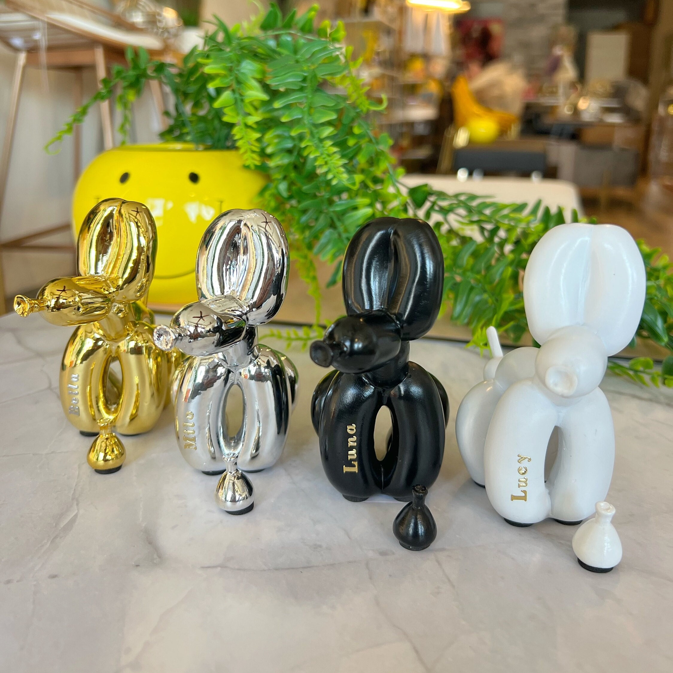 Customized Pooping Dog Sculpture, Silver Baloon Dog Name Statue Home ...