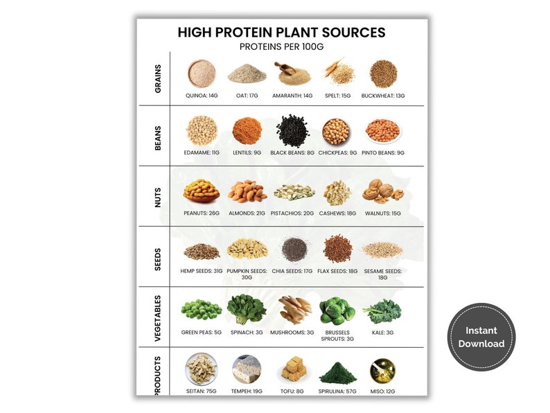 Vegan Protein Sources Chart, Best Plant Protein Poster, Plant Based Diet Cheat Sheet, High ...