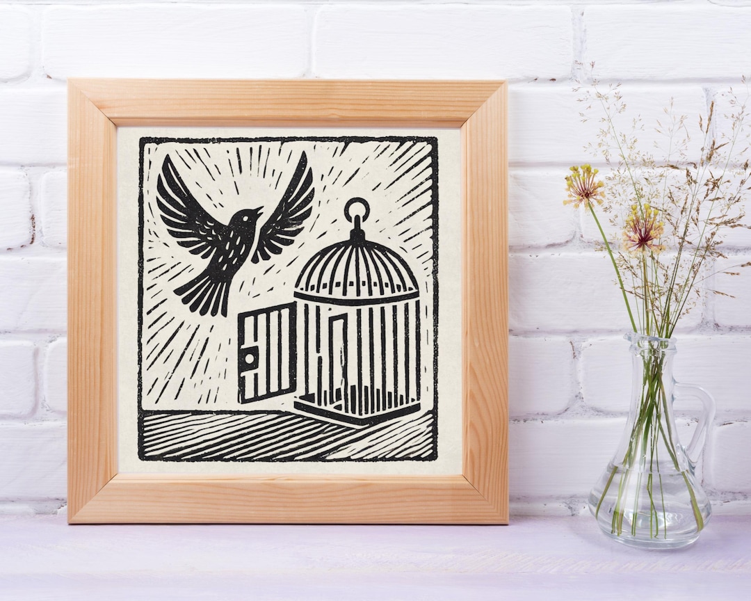 Freedom Bird Escape Linocut Printable Wall Art: Rustic Digital Print ...
