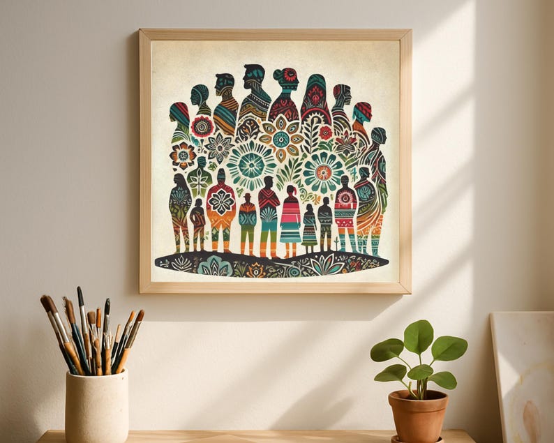 Cultural Unity Art Print: Floral People Folk Poster | Framed & Unframed ...