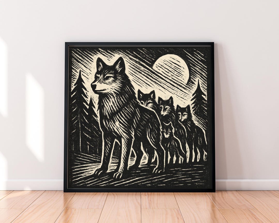 Wolf Pack Linocut Printable Wall Art: Wild Nature Rustic Digital Print ...