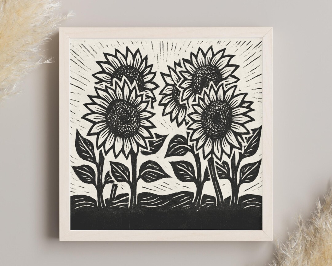 Sunflower Field Linocut Printable Wall Art: Rustic Cottage Folk Digital ...