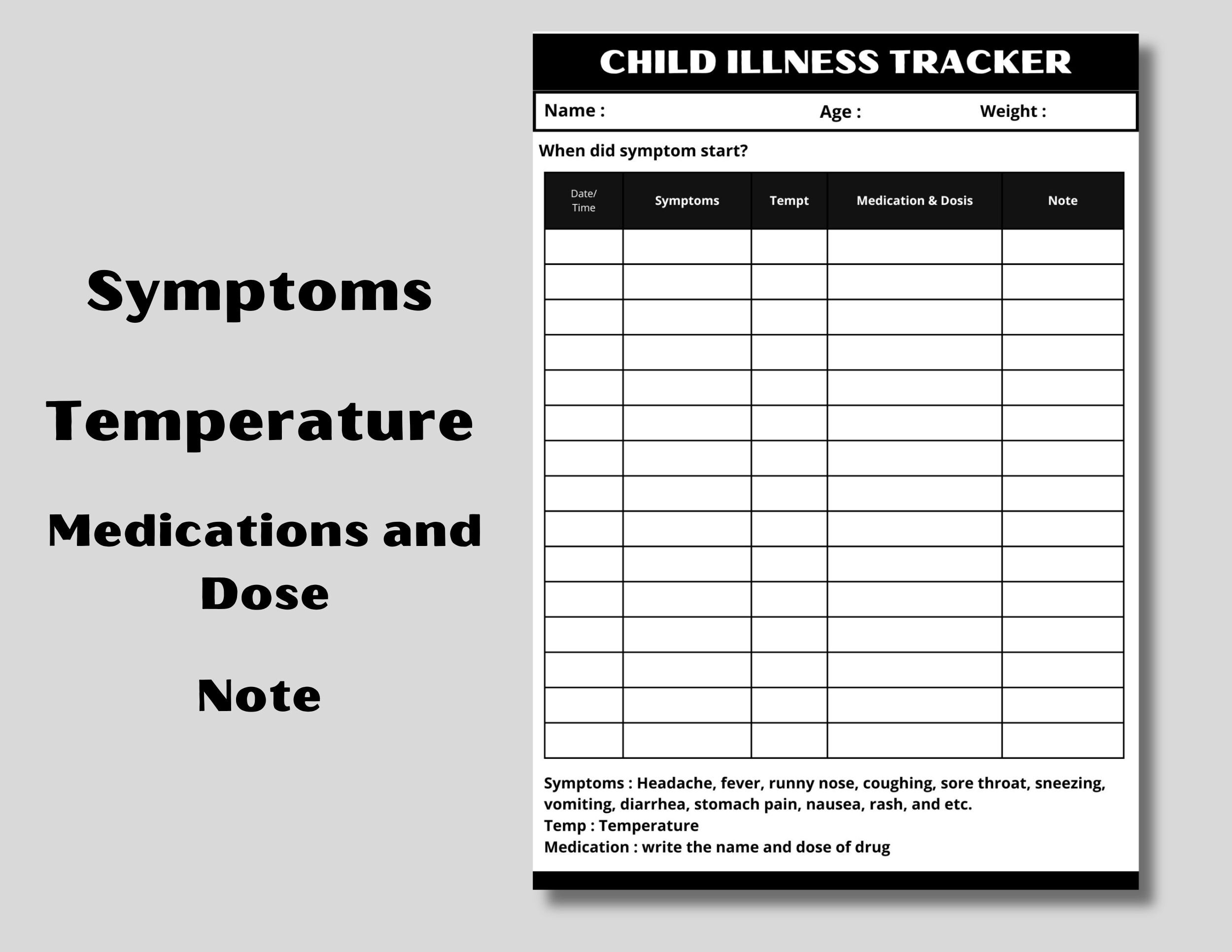 Child Illness Tracker, Bladder Bowl Diary Symptom Tracker Manage ...