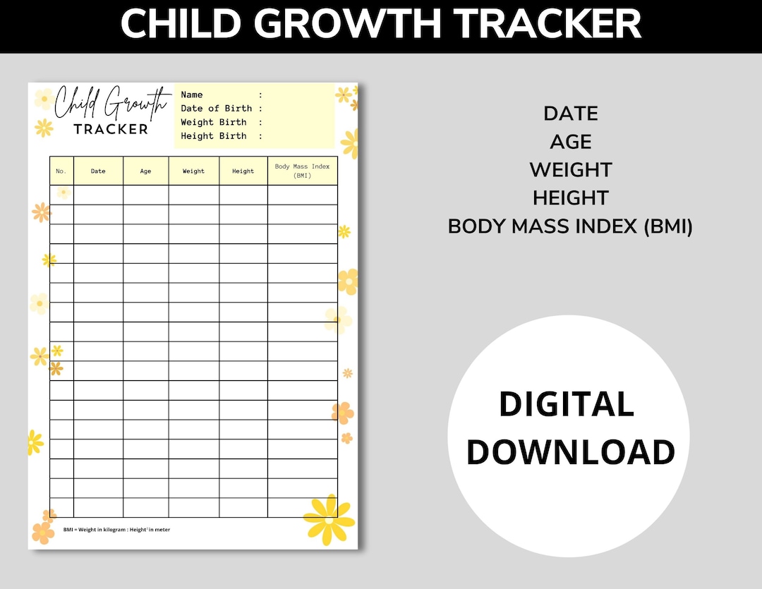 Printable Child Growth Tracker, Kids Growth Chart, Weight Tracking ...