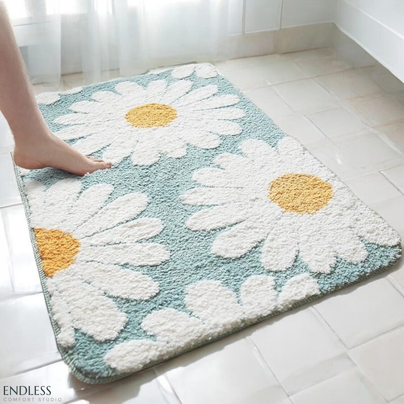Daisy Flower Bath Mat, Floral Aesthetic Bath Rug, Non-slip Custom ...
