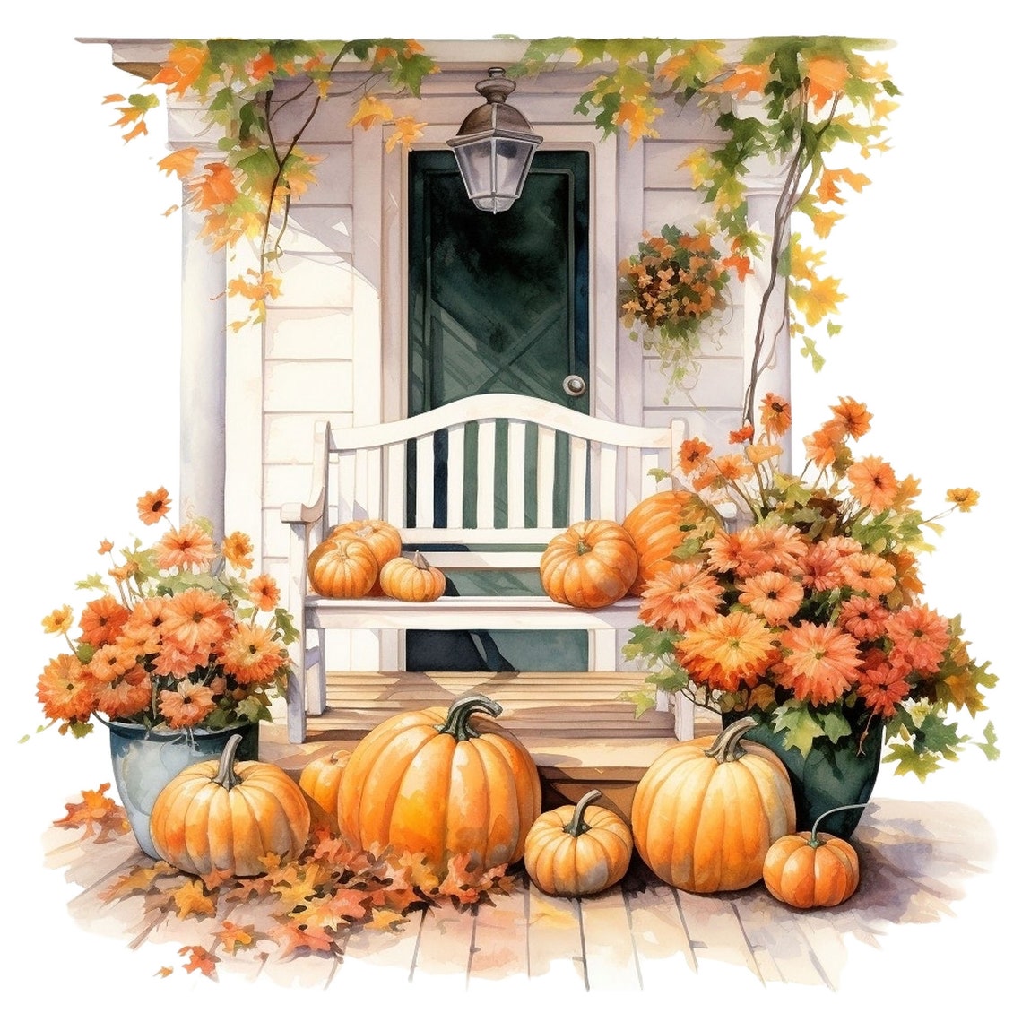 10 Autumn Porches and Doors Watercolor Clipart Graphics Printable PNG ...