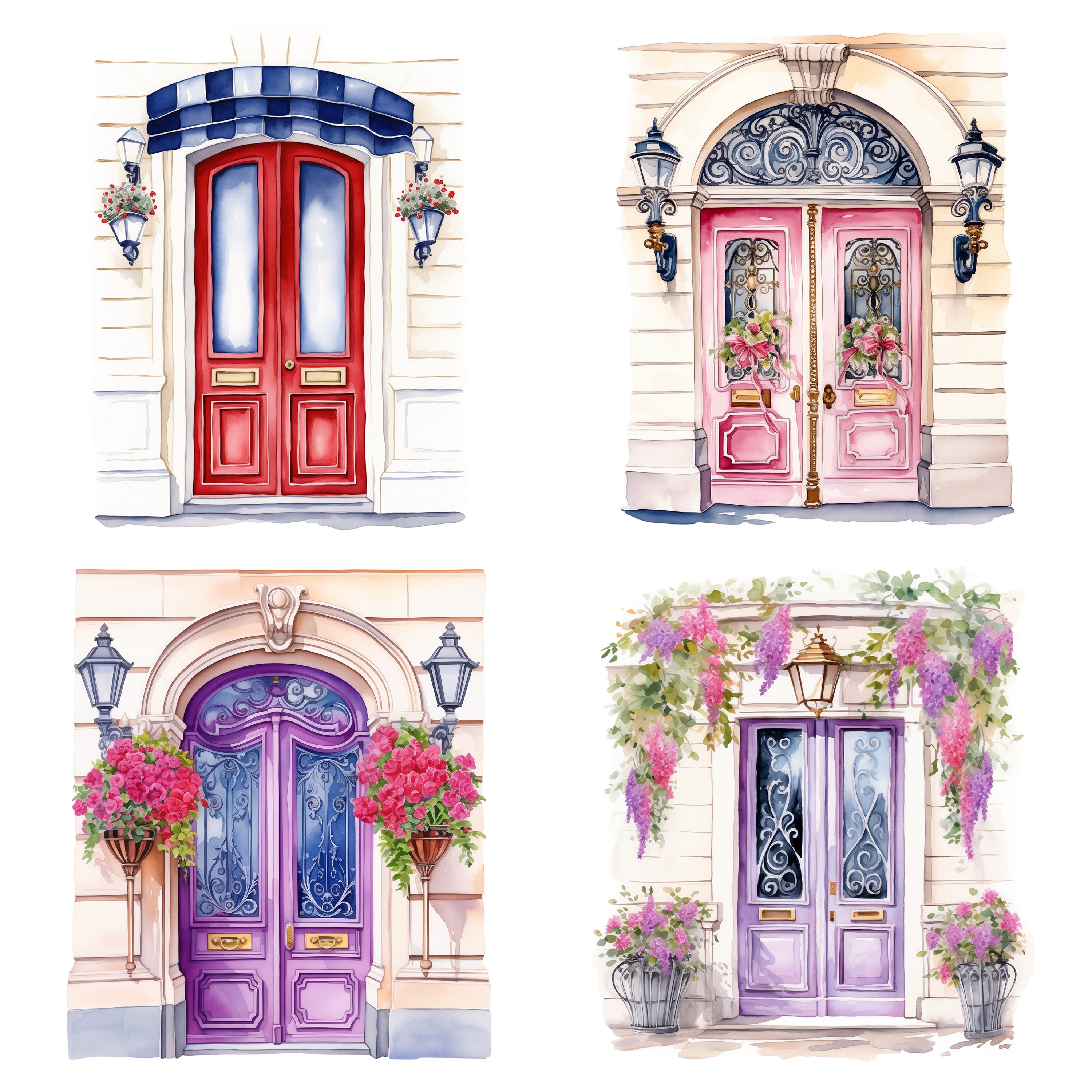 10 Cute Paris Doors Watercolor Clipart Graphics Bundle Printable PNG ...
