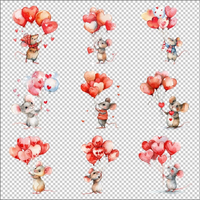 10 Cute Valentine Mouse Clipart Watercolor Graphics - Digital PNG Files ...